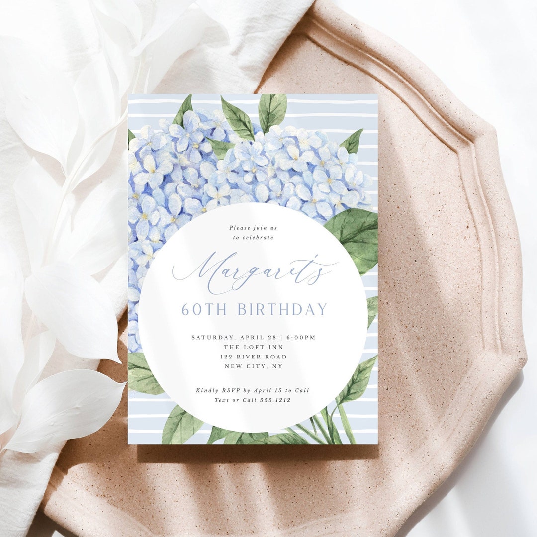 Blue Hydrangea Birthday Invitation for Her | Edit Text Online for Any ...