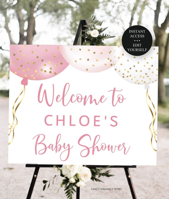 Editable Welcome Sign, Pink Glitter Balloons Baby Shower, Ready to Pop ...