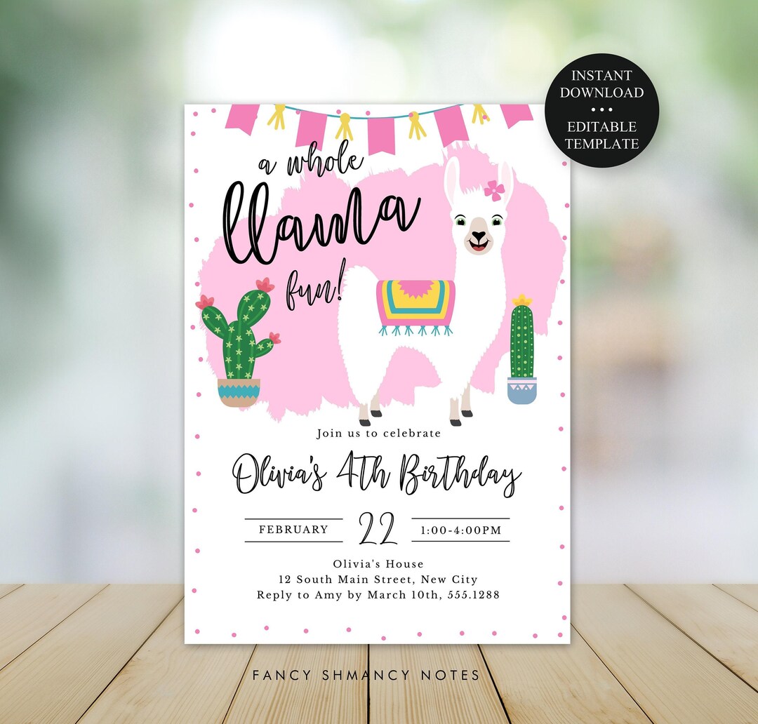 Llama Birthday Party Invitation, A Whole Llama Fun-edit Yourself 5x7 ...