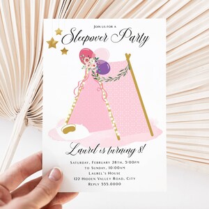 Editable Pink Tent Sleepover Party Invitation Flowers Balloons Gold ...