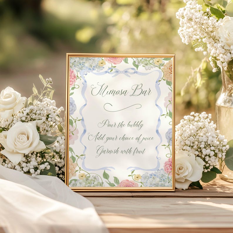 Garden Party Mimosa Bar Sign, Coquette Pastel Flowers and Ribbon ...