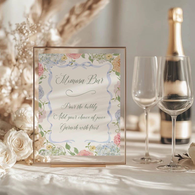 Garden Party Mimosa Bar Sign, Coquette Pastel Flowers and Ribbon ...