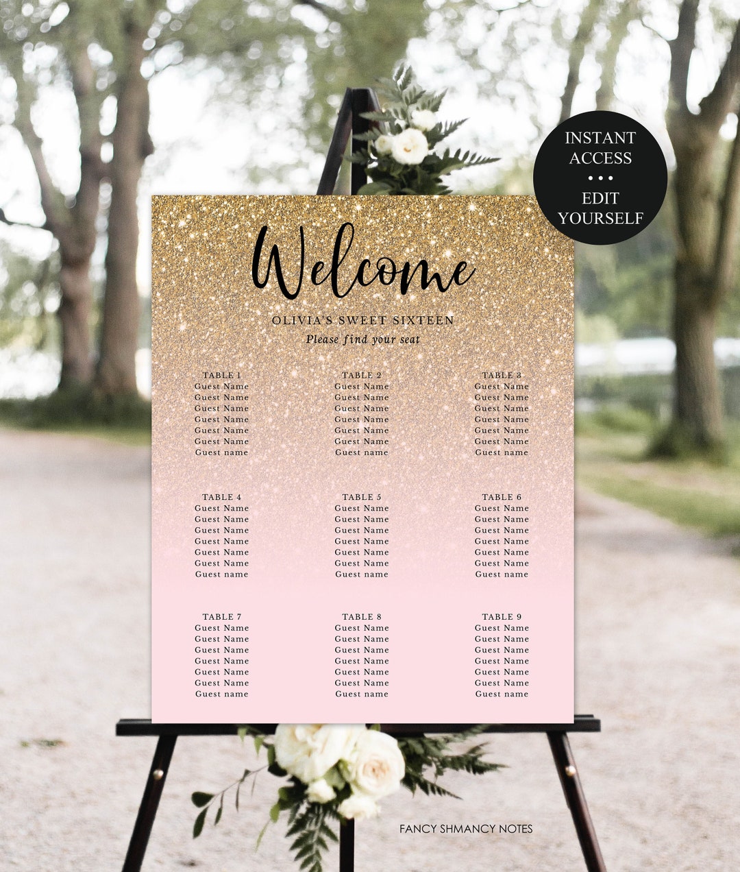 Gold Glitter Fade Editable Pink Seating Chart Sign, Multiple Sizes Edit ...