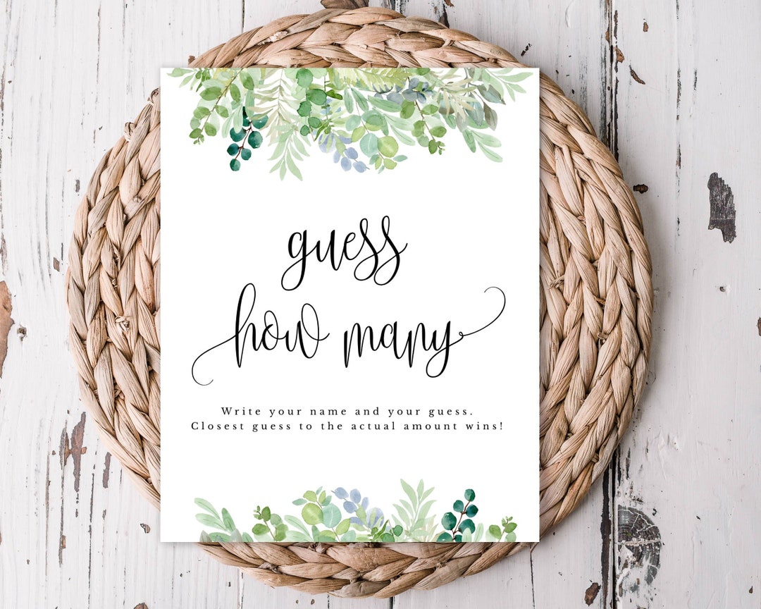 Guess How Many Printable Shower Party Game Sign, Watercolor Eucalyptus ...
