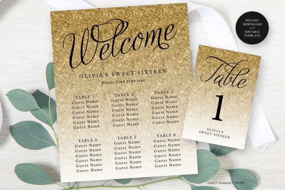 Gold Glitter Seating Chart Sign and Table Numbers, Editable Template ...