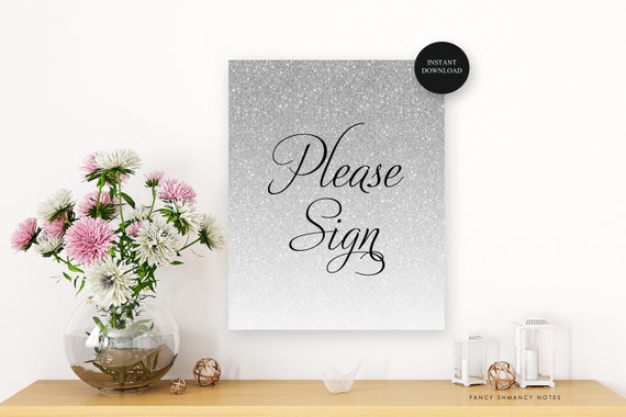 Silver Glitter Please Sign Party Sign, Print at Home 8 x 10" Table Sign ...