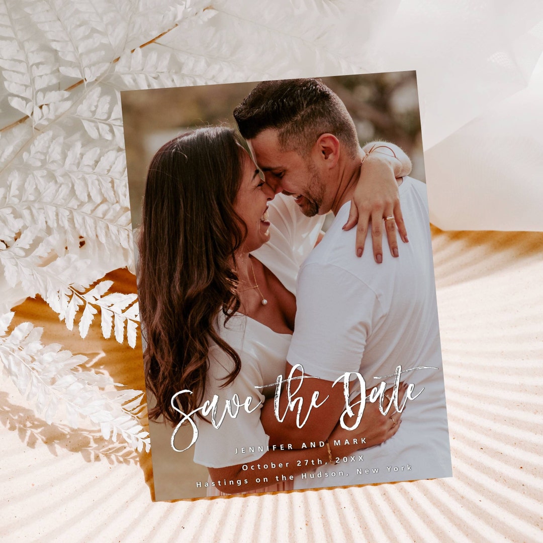 Editable Save the Date Brush Script Photo Announcement Card, Full Photo ...