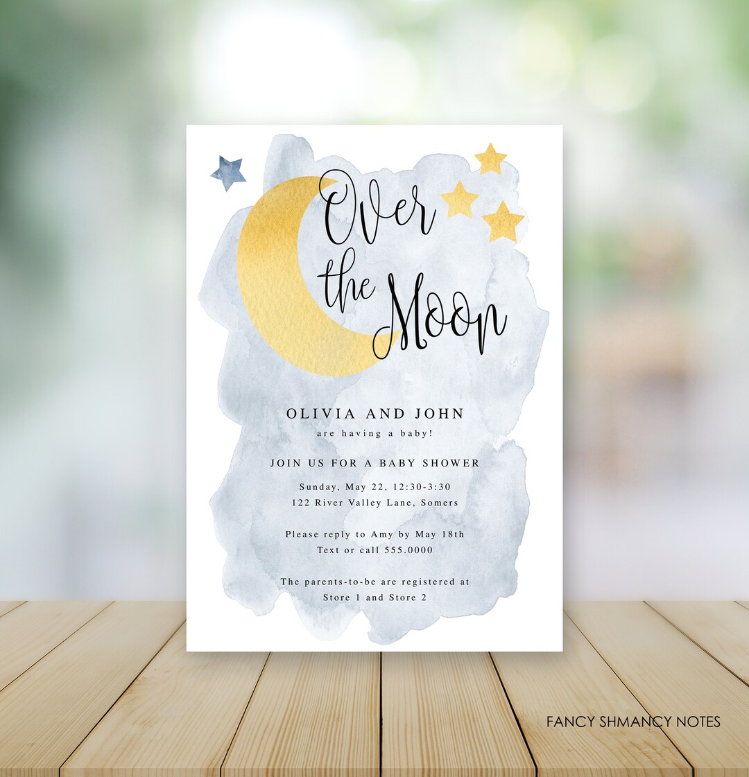 Over the Moon Blue Baby Shower Editable Invitation-blue Watercolor Moon ...