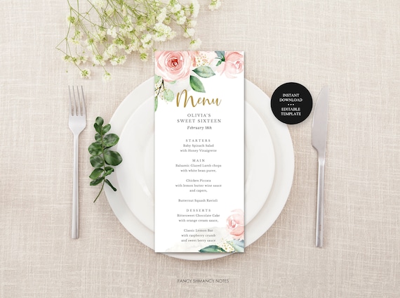 Editable Menu Blush Pink Watercolor Roses Editable Text | Etsy
