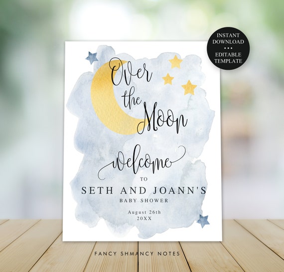 Over the Moon Baby Shower Printable Welcome Sign, Moon and Stars ...