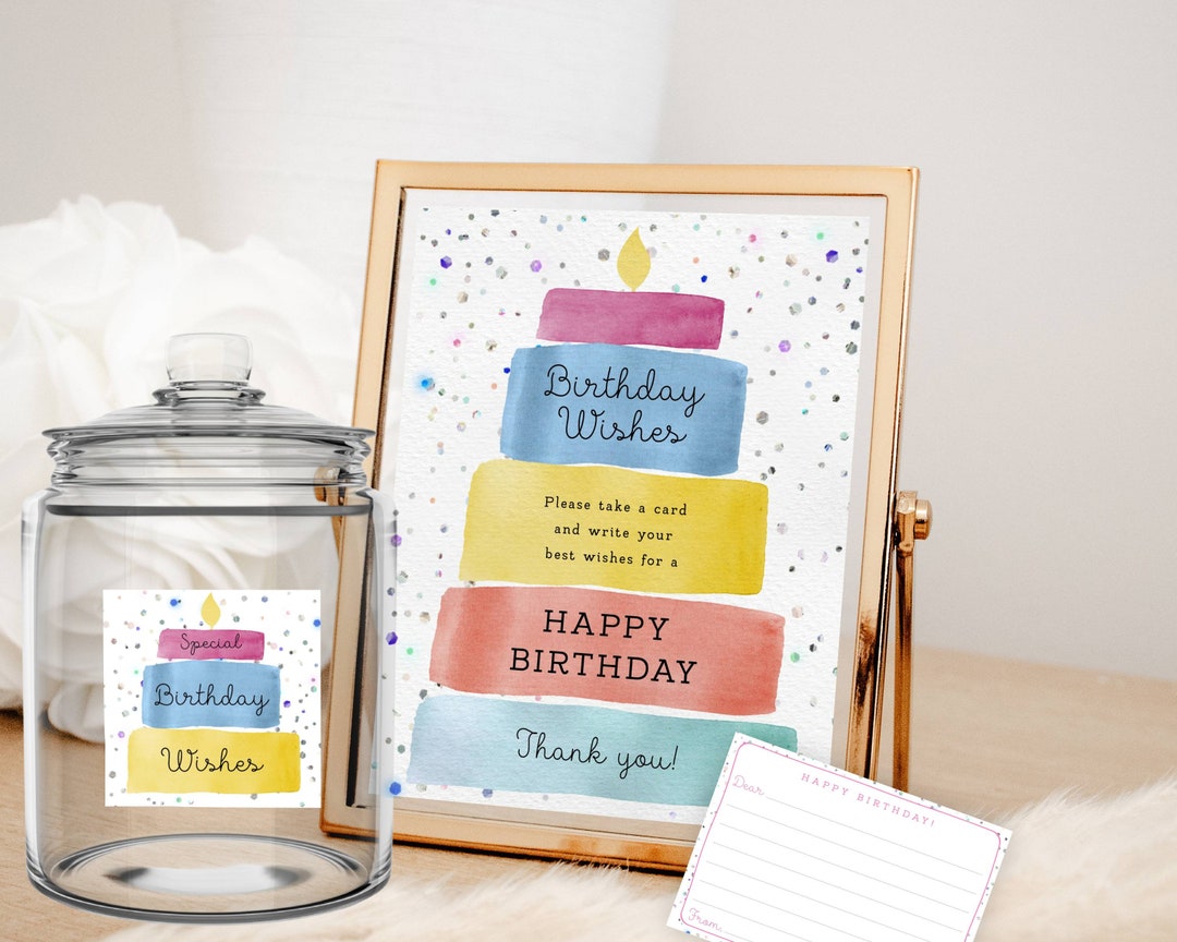 Birthday Wish Jar Watercolor Rainbow Layer Cake Printable Sign Jar Tags ...
