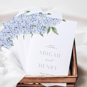 Editable Blue Hydrangea Wedding Program Booklet Watercolor Hydrangea Blooms Folded Program Self ...
