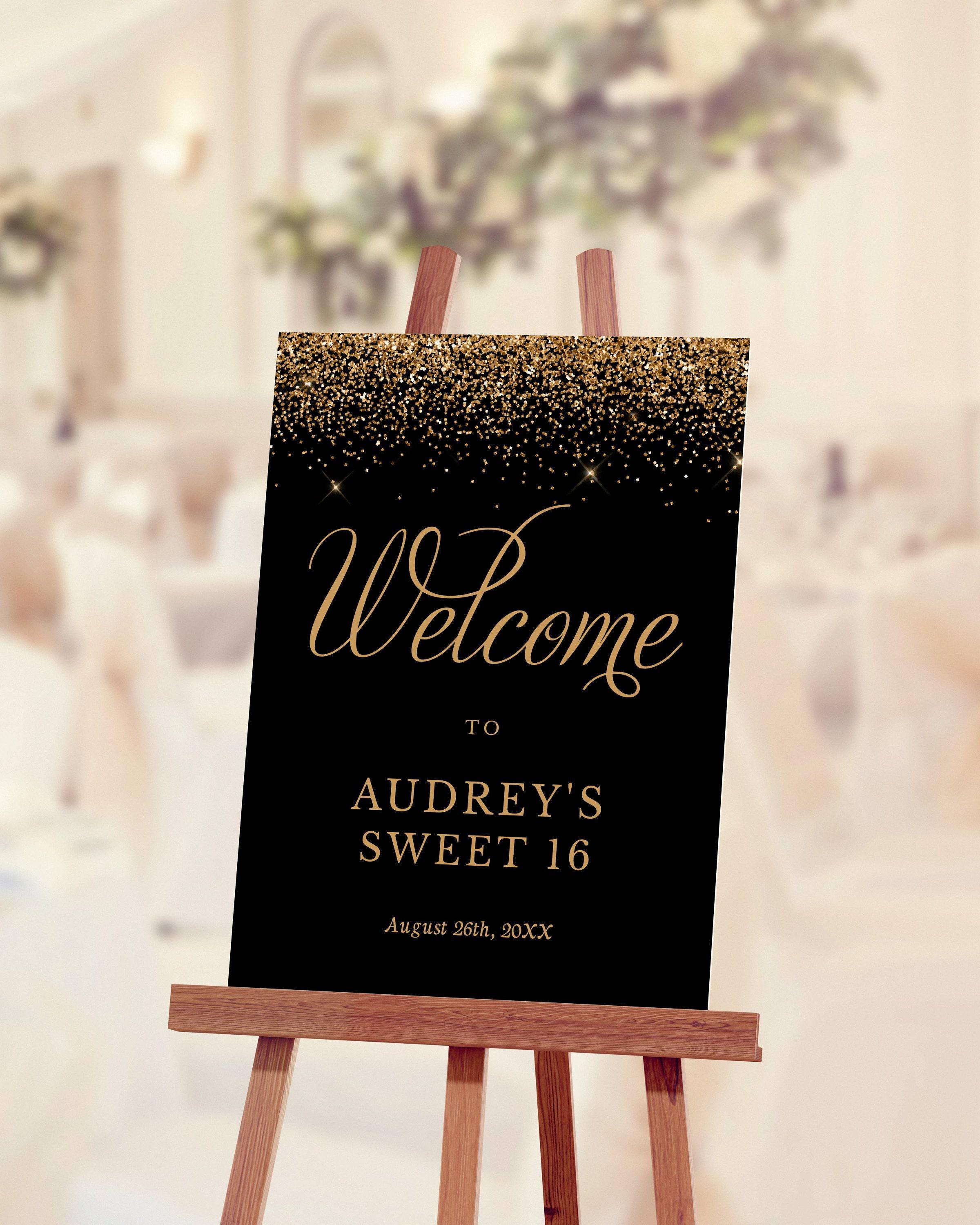 Gold Glitter Editable Welcome Sign for Your Party, Fancy Script Welcome ...