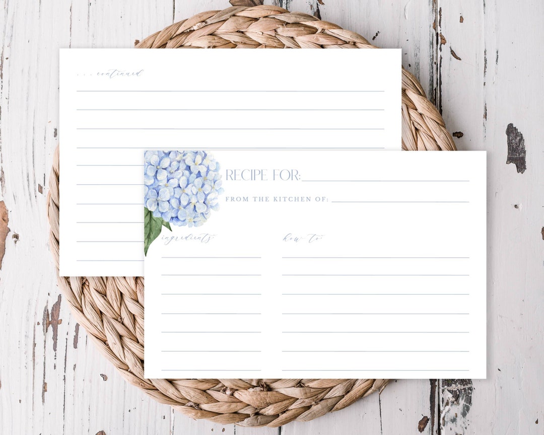 Blue Hydrangea Printable Recipe Cards, Hydrangea Blooms, Blue Flowers, Print at Home, 4x6 ...