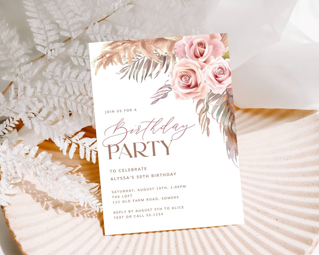 Boho Roses Party Invitation Template for Her, Any Occasion, Editable ...