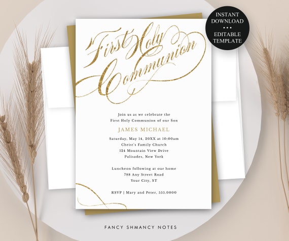 Communion Invitation Template, Fancy Gold Script with Swirls, Editable ...