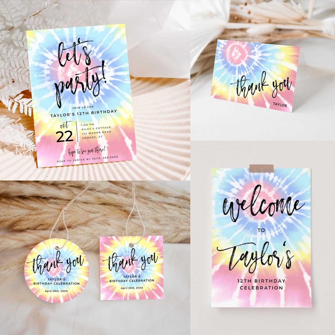Rainbow Tie Dye Party Set-invitation, Welcome Sign, Favor Tags, Thank ...