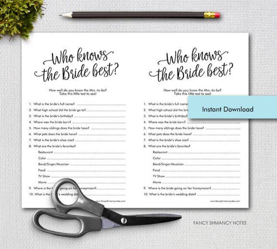 Printable Bridal Shower Game, Who Knows the Bride Best Game, Printable ...