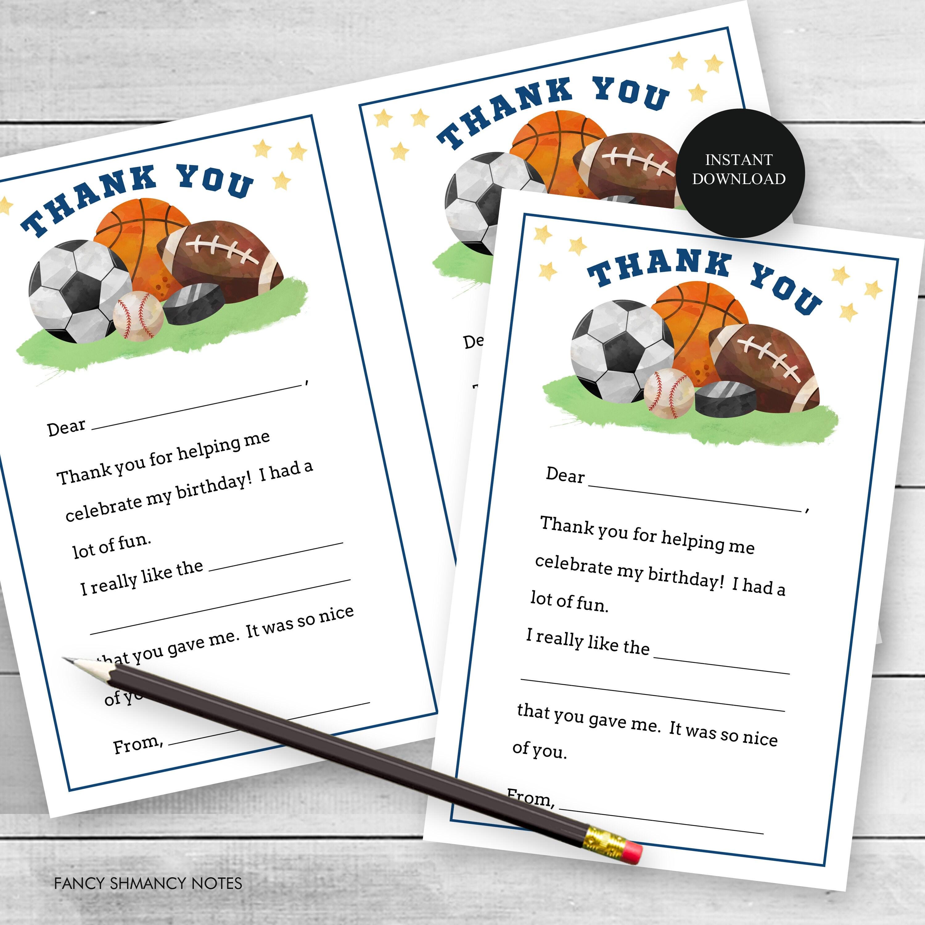 Printable Sports Theme Kids Thank You Notes, Lined or Fill in the Blank ...