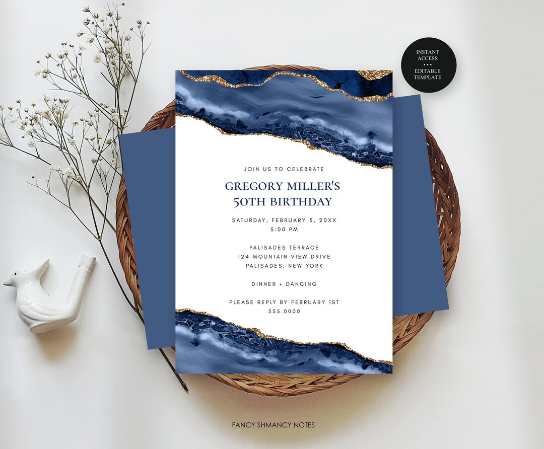 Blue Agate Birthday Editable Invitation, Adult Invite, Self Edit Any ...