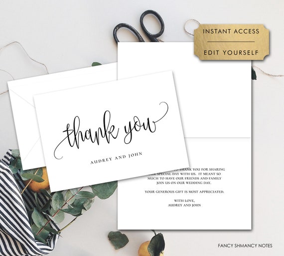 Editable Thank You Folded Note Card, Calligraphy Script, A2 Printable ...