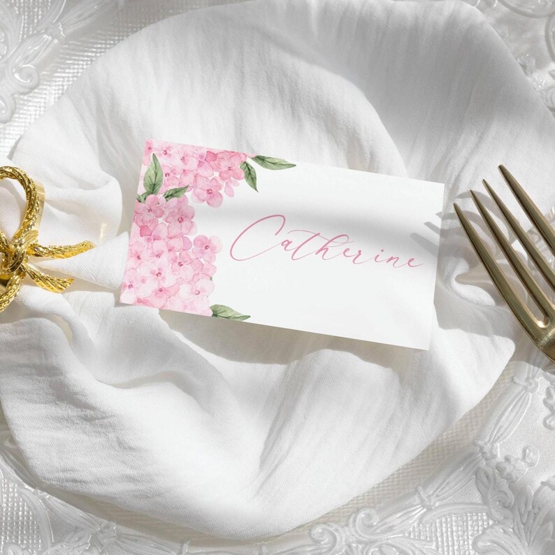 Pink Hydrangea Editable Name Card and Menu Template, DIY Wedding Place ...