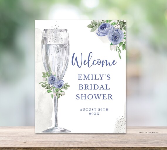 Welcome Sign, Blue Watercolor Flowers and Champagne Glass, Silver ...
