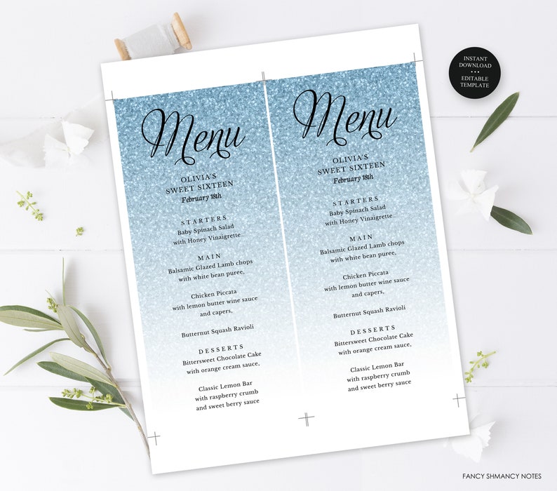 Editable Light Baby Blue Ombre Glitter Menu Printable | Etsy