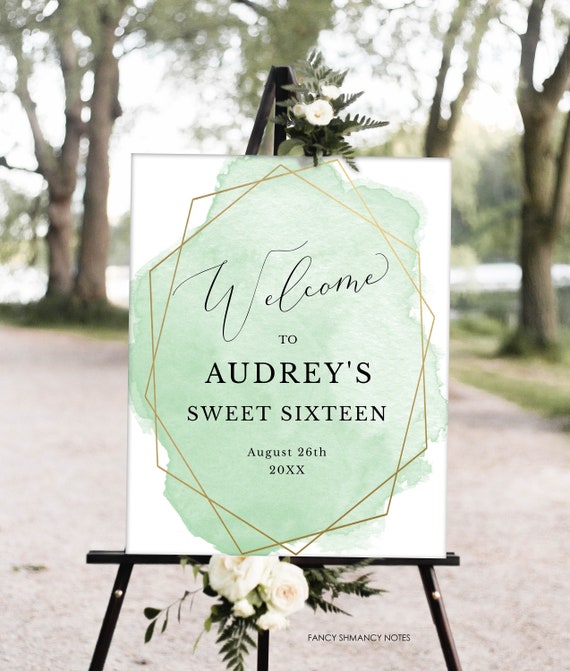 Welcome Sign Editable Template, Green Watercolor and Gold Geo Frame, 3 ...