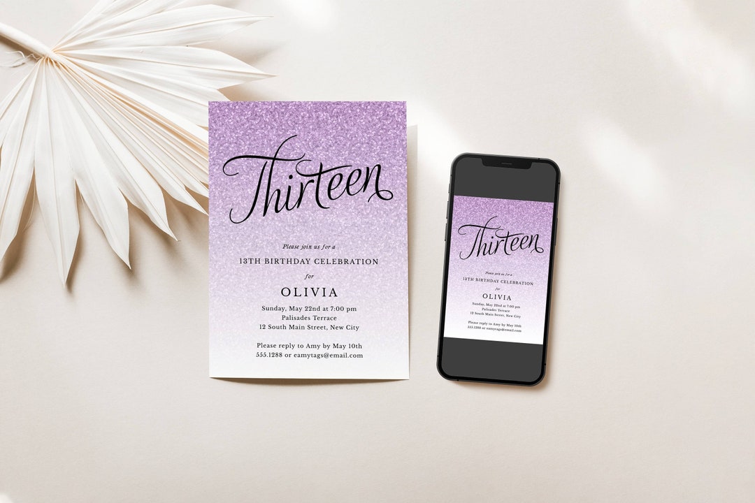 13th Birthday Invitation for Her, Self-edit, Light Purple Glitter ...