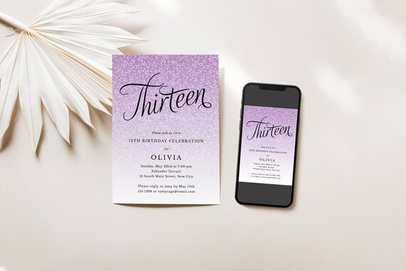 13 "Thirteen", Light Purple Glitter Fancy Script Editable Birthday ...