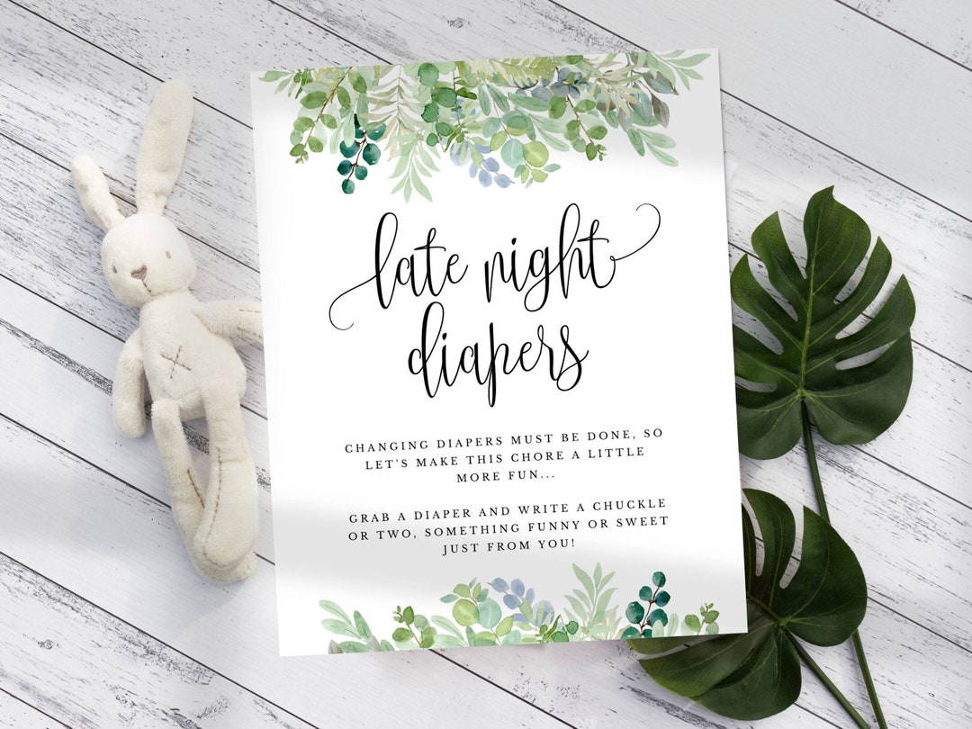 Greenery Late Night Diapers Baby Shower Game | Watercolor Eucalyptus ...