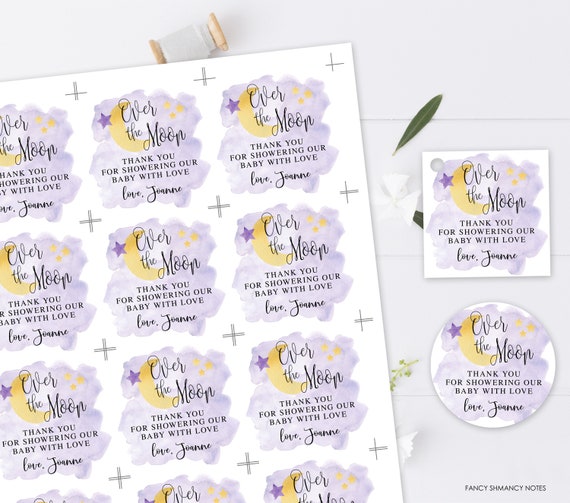 Over the Moon, Purple Baby Shower Favor Tags or Stickers, 2", 2.5", 3 ...