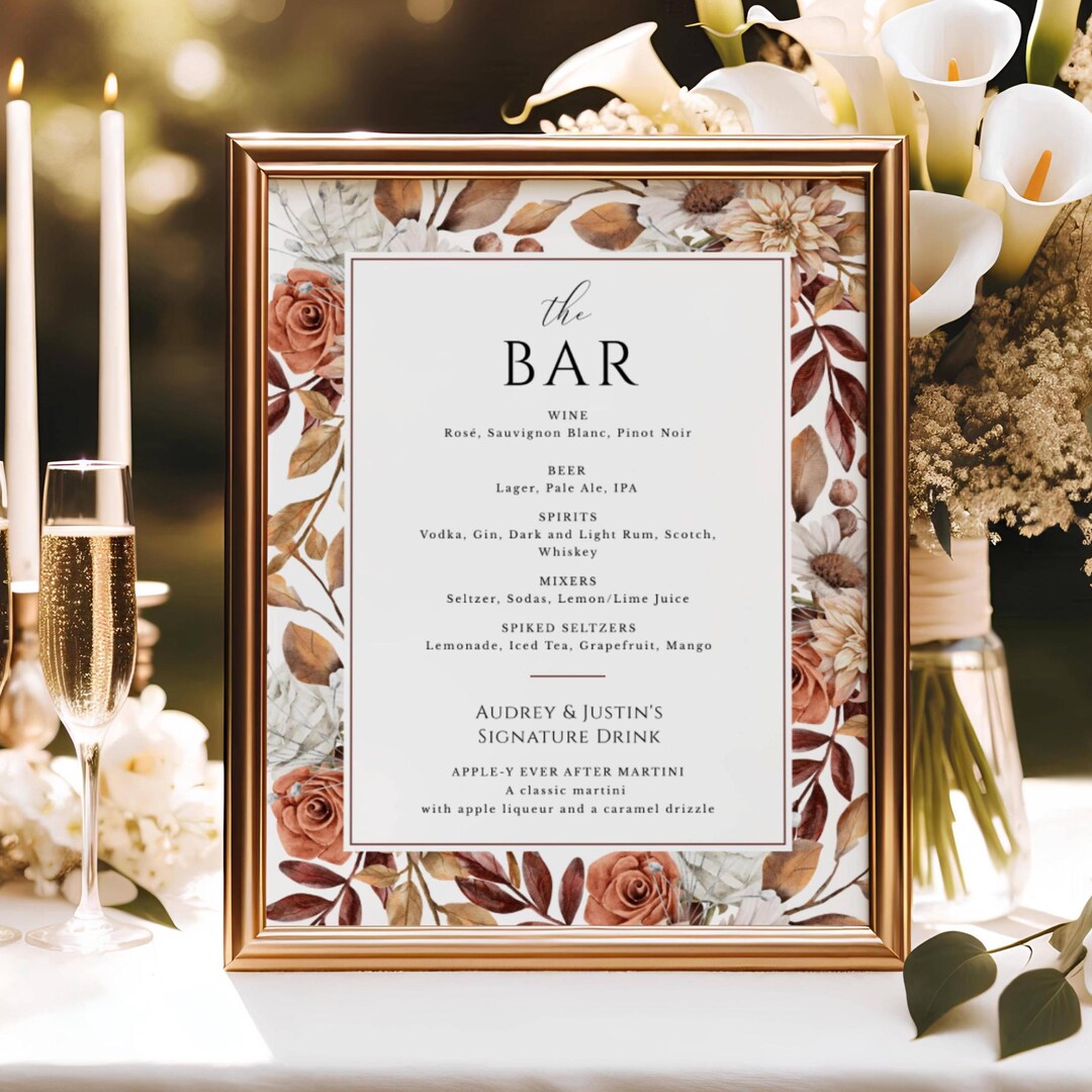 Fall Bar Menu Sign Printable, Framed Terracotta Flowers Design, Rustic ...