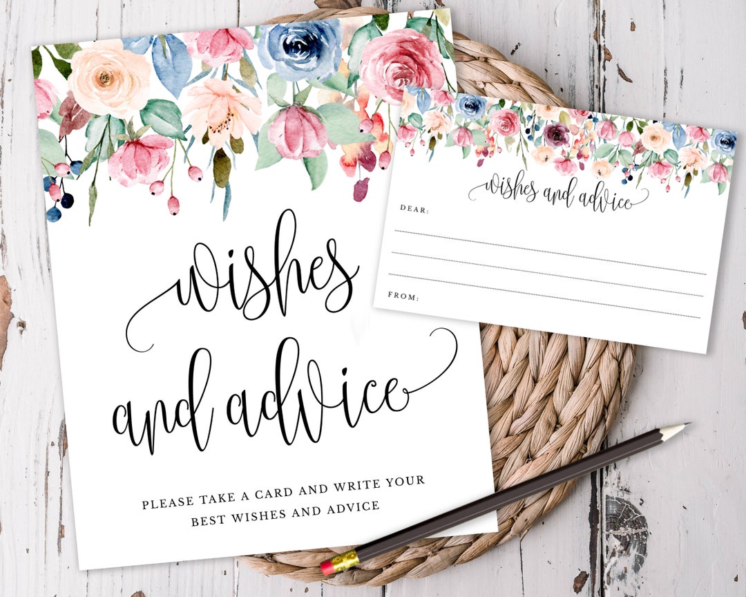 Printable Wishes and Advice Cards and Sign, Pretty Watercolor Flowers ...
