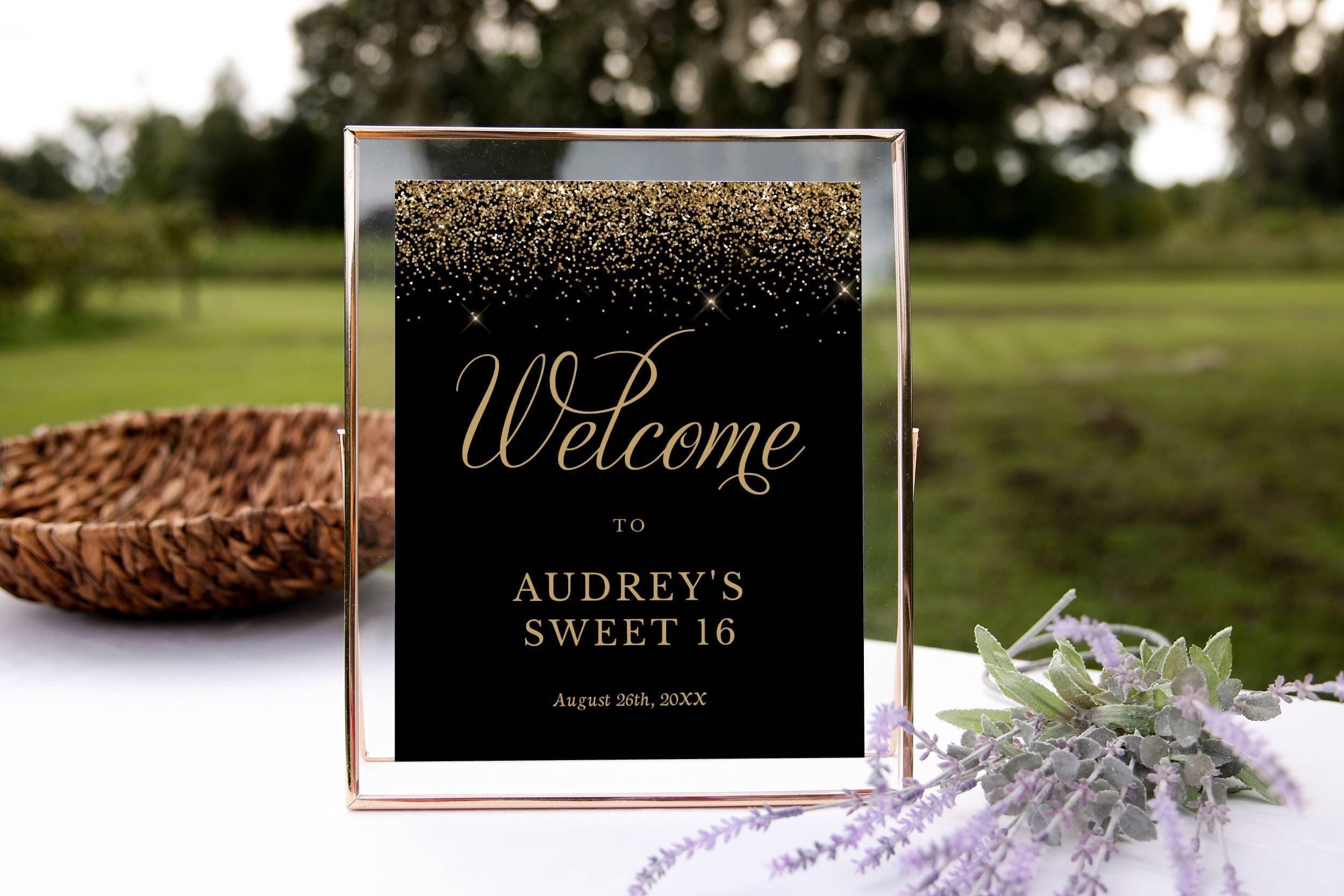 Gold Glitter Editable Welcome Sign for Your Party, Fancy Script Welcome ...