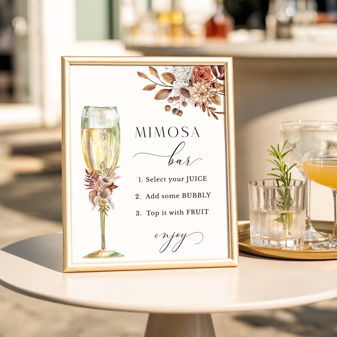 Fall Mimosa Bar Sign, Terracotta Flowers & Champagne Glass, Rustic ...