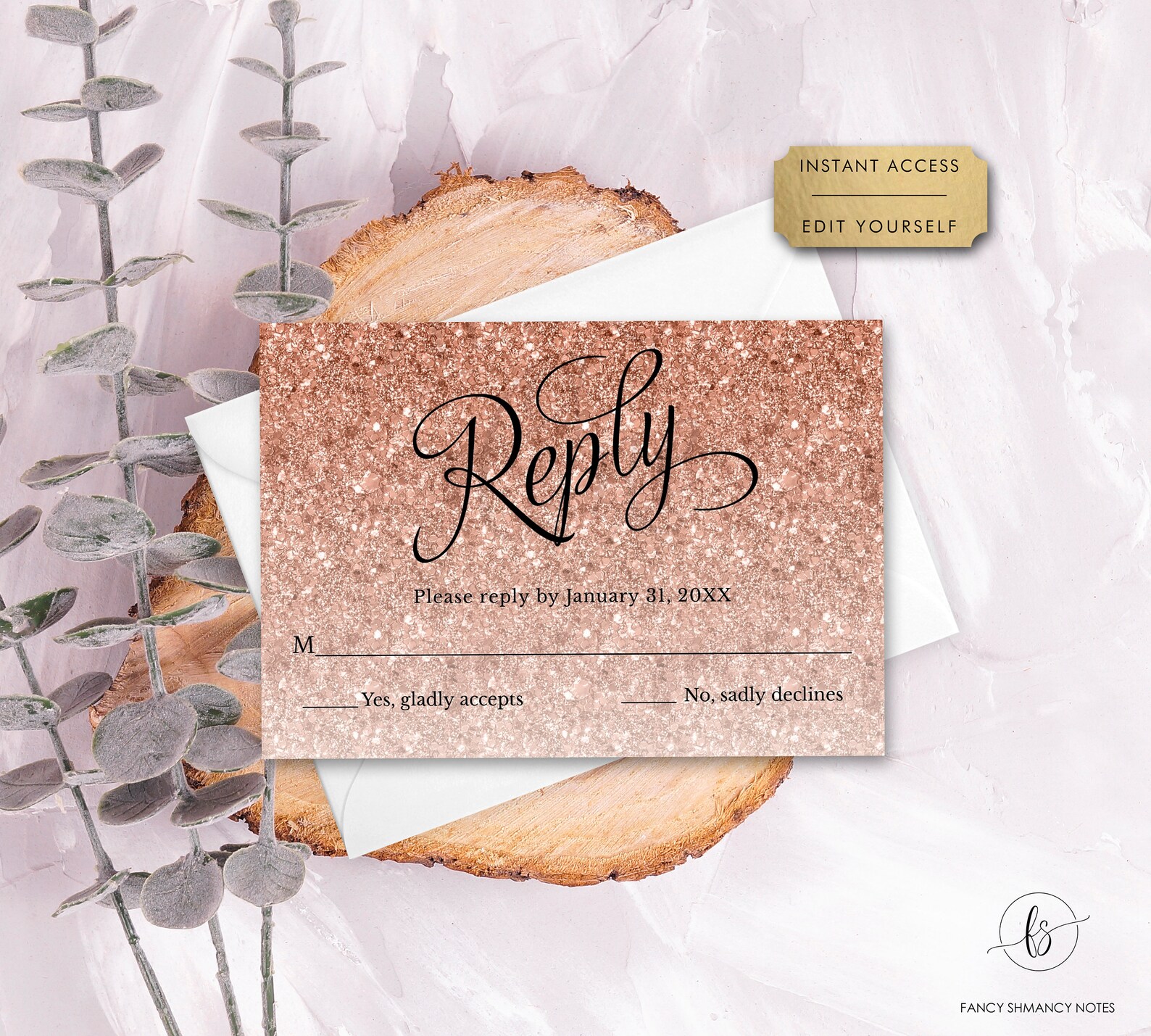 Rose Gold Glitter Editable Reply Card Pink Digital File - Etsy