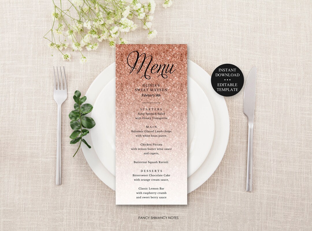 Editable Rose Gold Ombre Glitter Menu, Edit Text for Any Event-shower ...