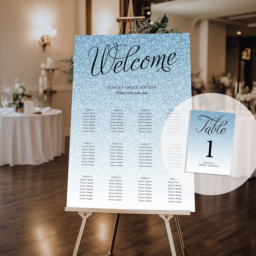 Light Blue Glitter Seating Chart Sign and Table Numbers, Editable ...