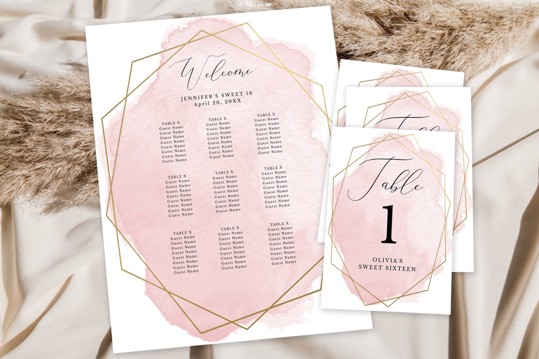 Blush Pink and Gold Editable Seating Chart Sign & Table Number Cards ...