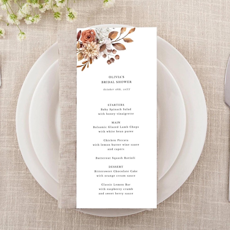 Fall Menu Template, Terracotta Flowers Dinner Menu, Rustic Autumn ...