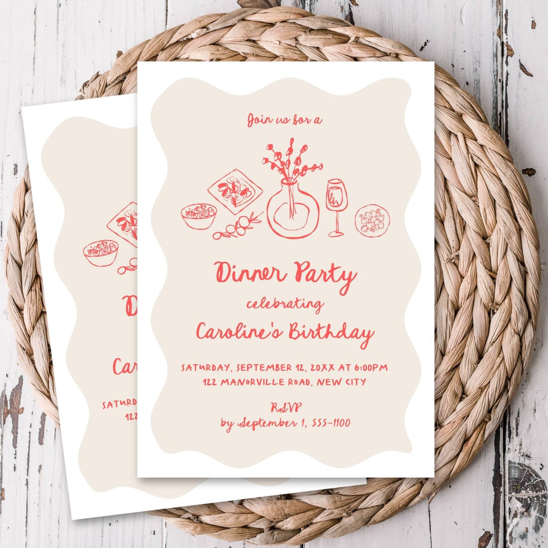 Hand Drawn Dinner Party Birthday Invitation Whimsical Doodle Sketch ...