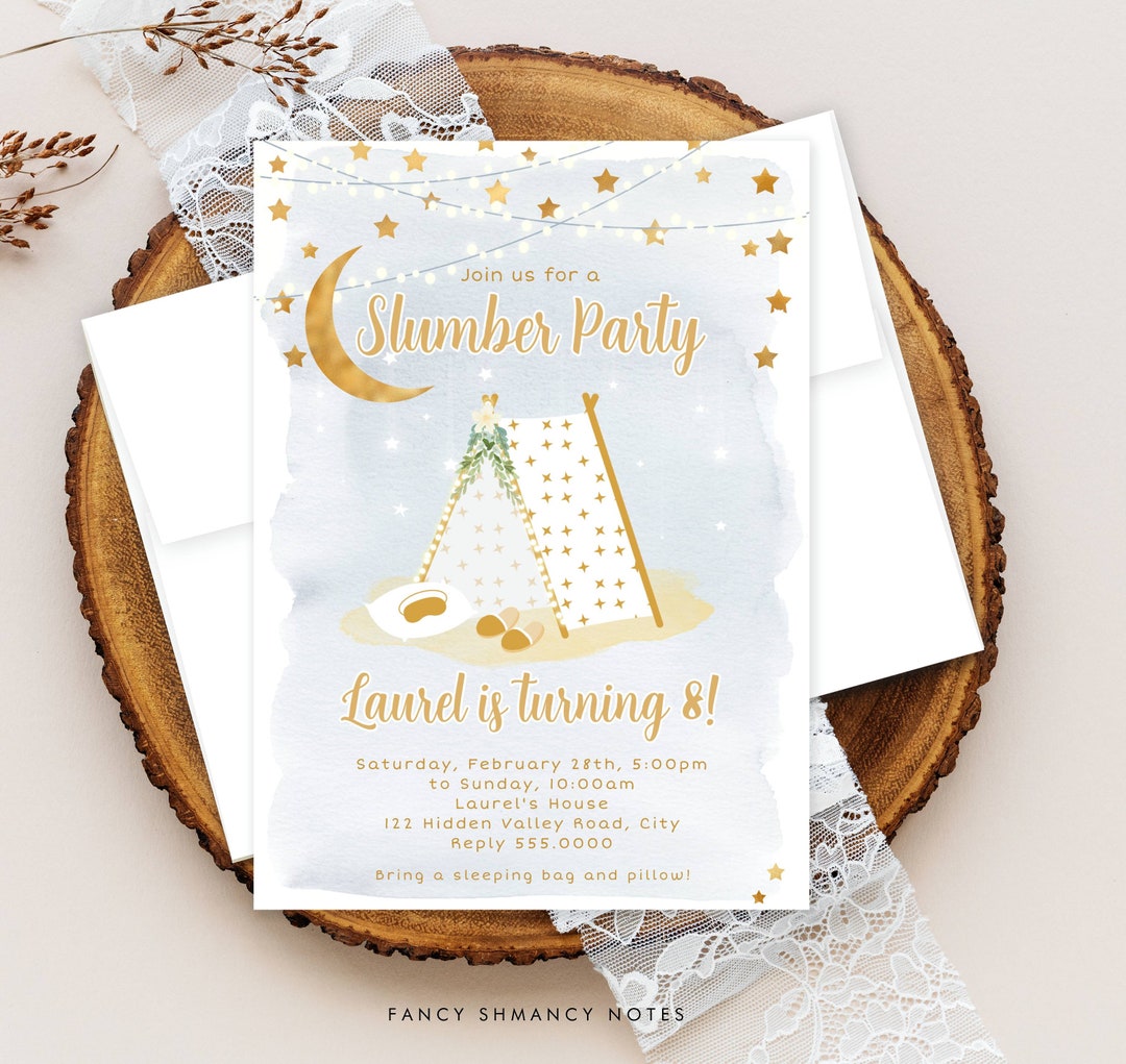 Editable White Tent Sleepover Party Invitation, Gold Stars, Slumber ...