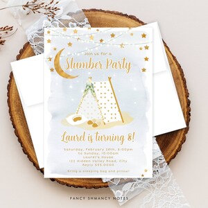 Editable White Tent Sleepover Party Invitation, Gold Stars, Slumber ...