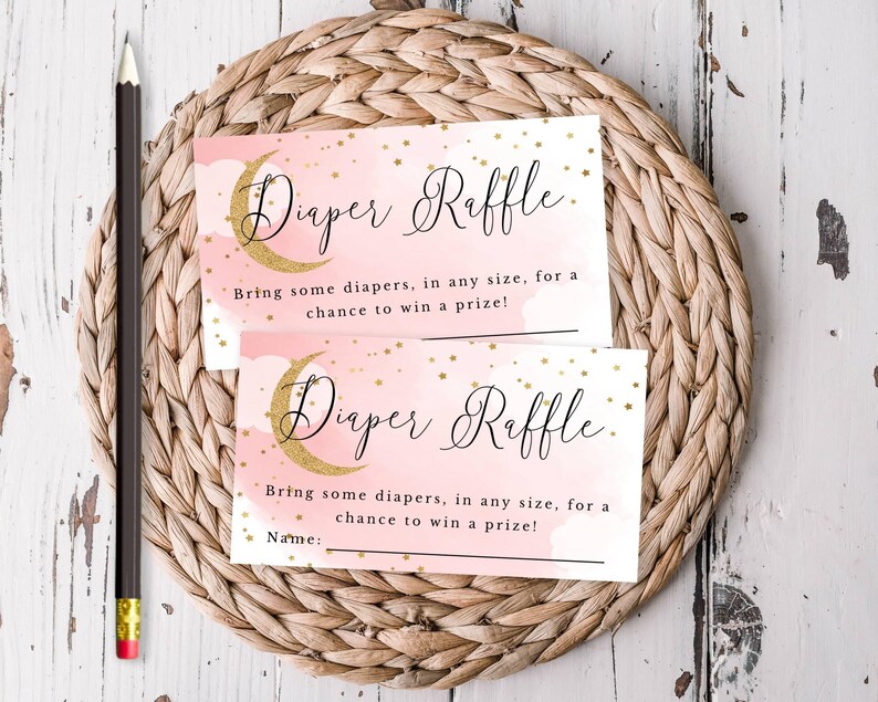 Pink Baby Shower Diaper Raffle Sign & Tickets | Gold Glitter Moon and ...