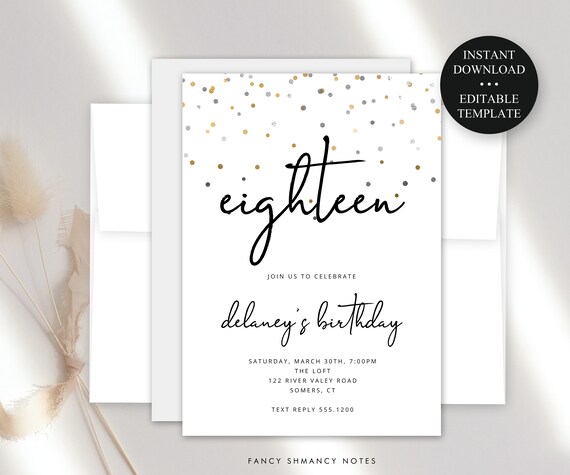 Any Age Editable 18th Birthday Invitation Silver Gold Confetti Print Text Digital Invitation Template Instant Download 903 by Fancy Shmancy Notes Catch My Party