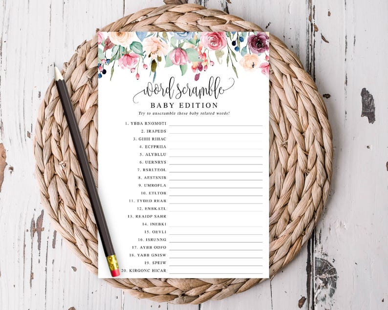 Word Scramble BABY Edition, Printable Baby Shower Games, Watercolor ...