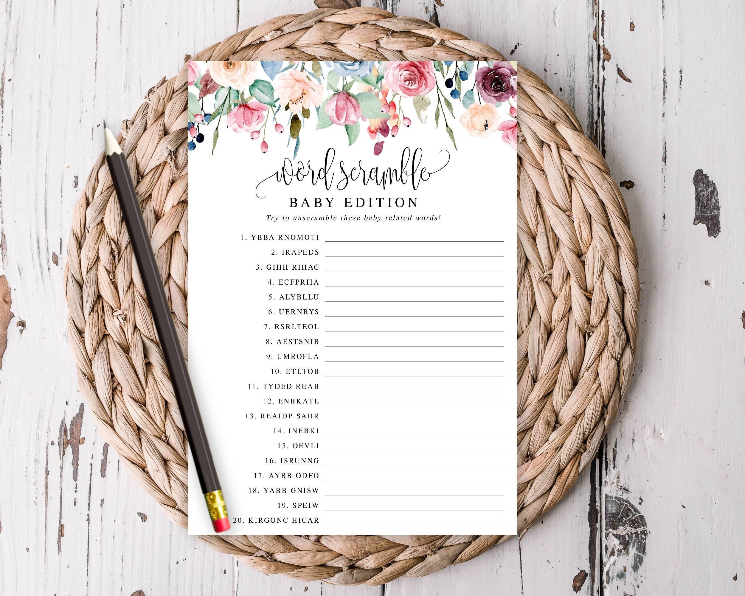 Word Scramble BABY Edition, Printable Baby Shower Games, Watercolor ...