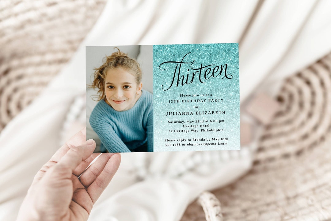 Blue Glitter 13th Birthday Photo Invitation, Thirteen Fancy Script ...